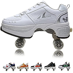 Women's Retractable Roller Skates Outdoor Girls Kick Roller Shoes Men Deformation Sneakers,White Silver (白银)-EU31/US3.5