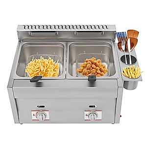 Deep Fryer Electric Deep Fat Fryers with 2 Baskets Commercial Countertop LPG Gas Fryer with Lid Stainless Steel 6L*2 Deep Fryer for French Fries Turkey Donuts Restaurant Home Kitchen
