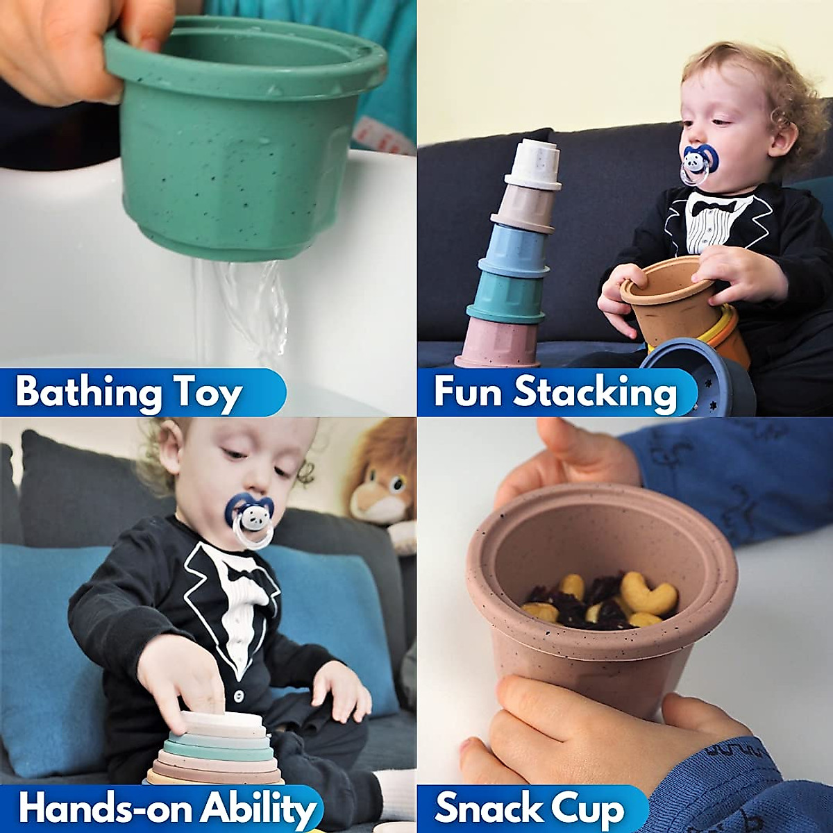 NEAFRON 8 PCS Baby Stacking Toys for Toddlers 1-3, Nesting Cups, Early Educational Development Baby Stacking Cups, Bathing Toys for Boys and Girls (Brown)