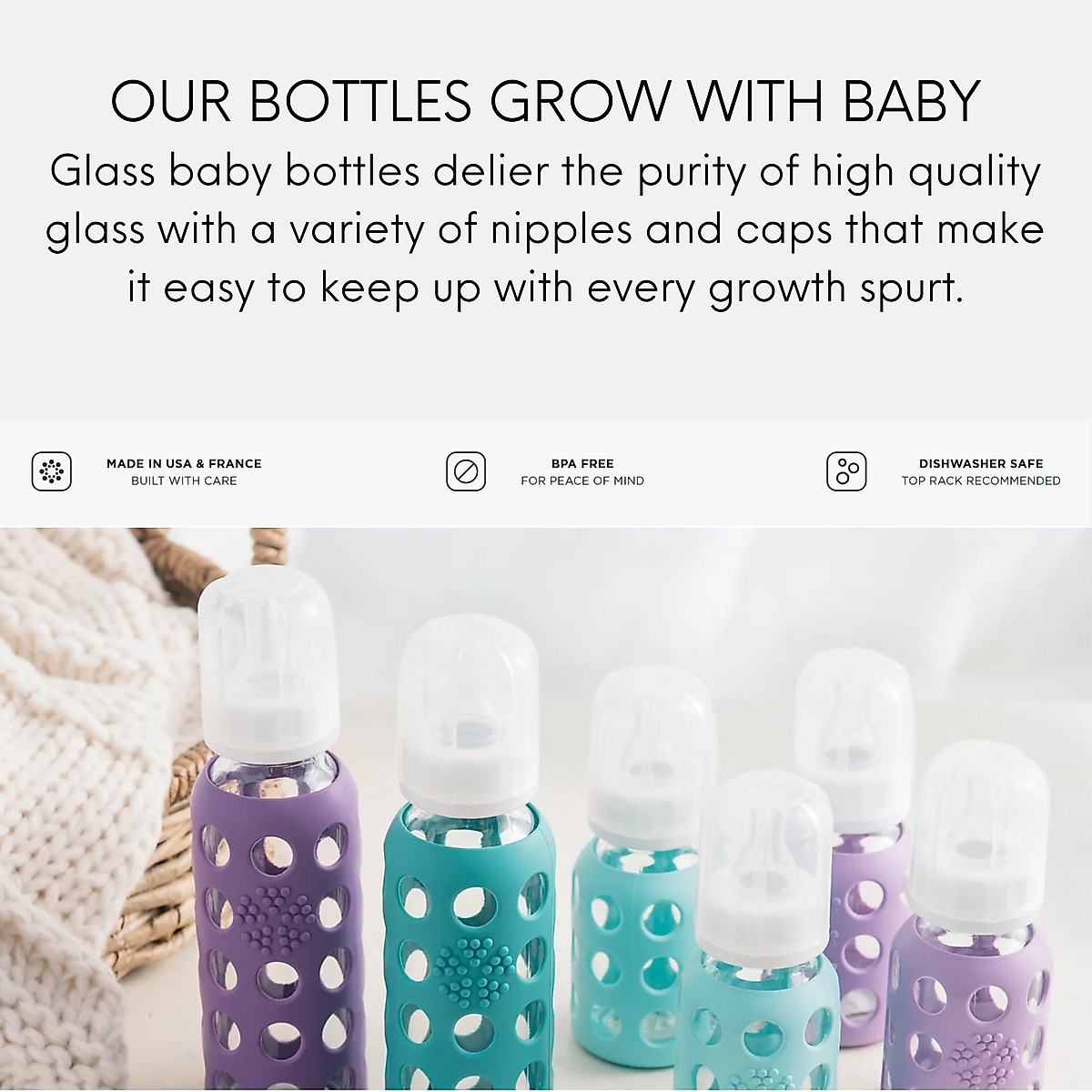 Lifefactory Glass Baby Bottles with Silicone Protection - 4-PACK, 4 oz/9 oz Bottles, (1- Banana, 1- Mango, 1- Cantaloupe & 1- Papaya)