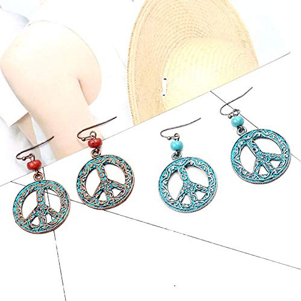 Antique Vintage Bronze Round Peace Love Sign Symbol Hook Earring Carving Filigree Flower Drop Earring Women Jewelry (Retro Blue)