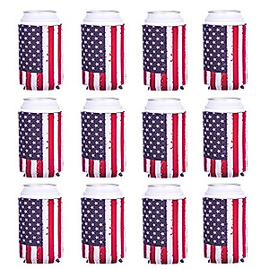 Can Cooler Sleeve 12pcs USA Flag Can Coolers Bulk Neoprene for Can and Bottle 120z