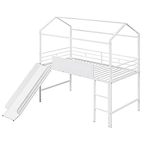 Twin Size House Loft Bed with Slide, Metal Bedframe w/Two-Sided writable Wooden Board,Kids Loft Bed Frame Built-in Ladder for Girls Boys Teens,No Need Spring Box,White