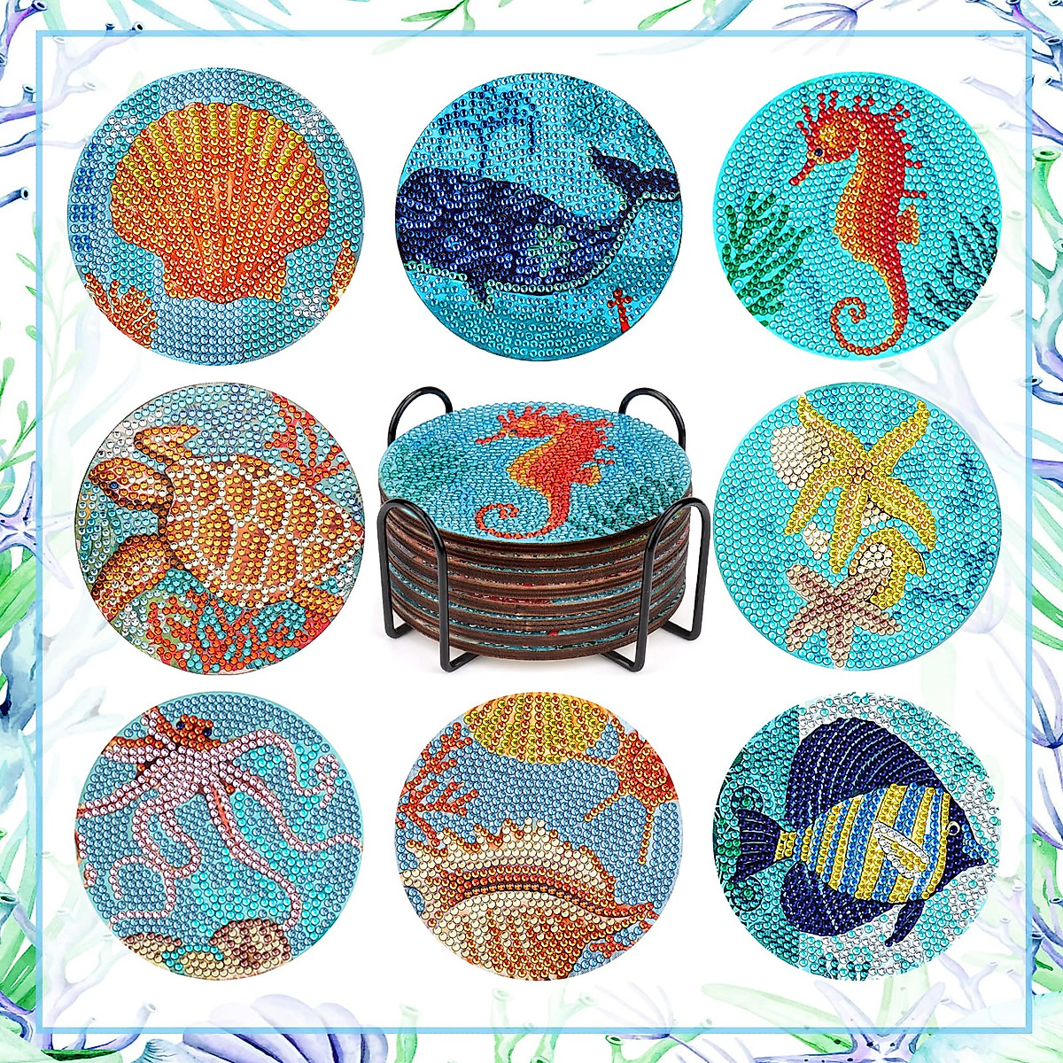 BABORUI Diamond Painting Coasters, 8Pcs 5D Ocean Diamond Art Kits for Adults Kids, Sea Diamond Painting Coasters with Holder for Beach House Decor