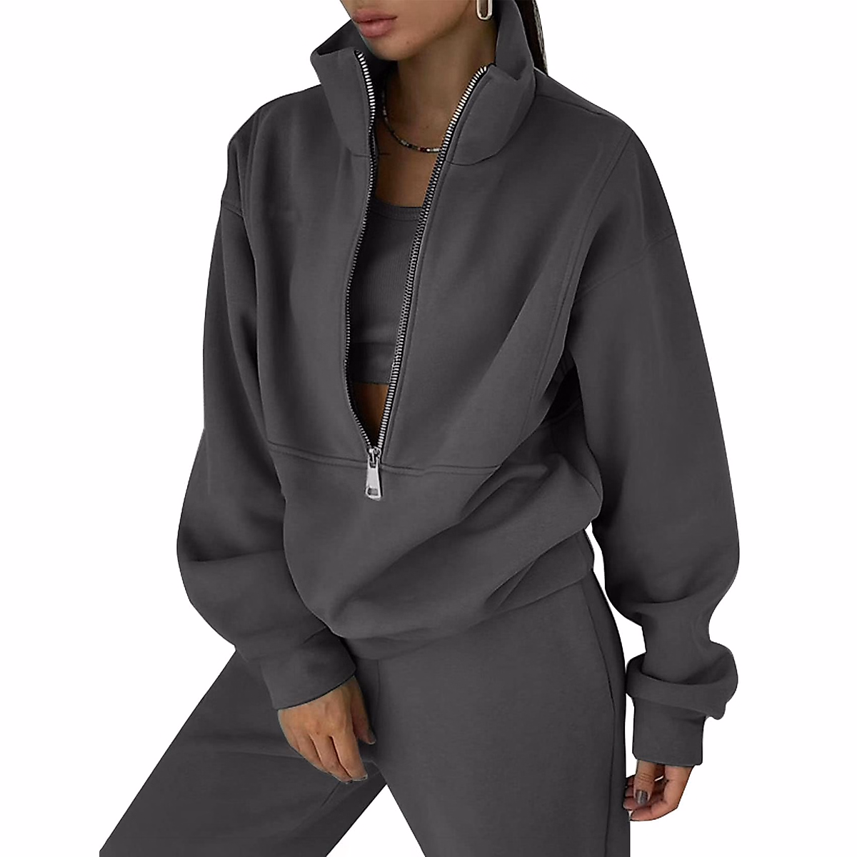 Flygo Womens Fleece 2 Piece Outfits Sweatsuit Half Zip Pullover Sweatshirt Joggers Pants Tracksuit Set (Darkgrey-M)