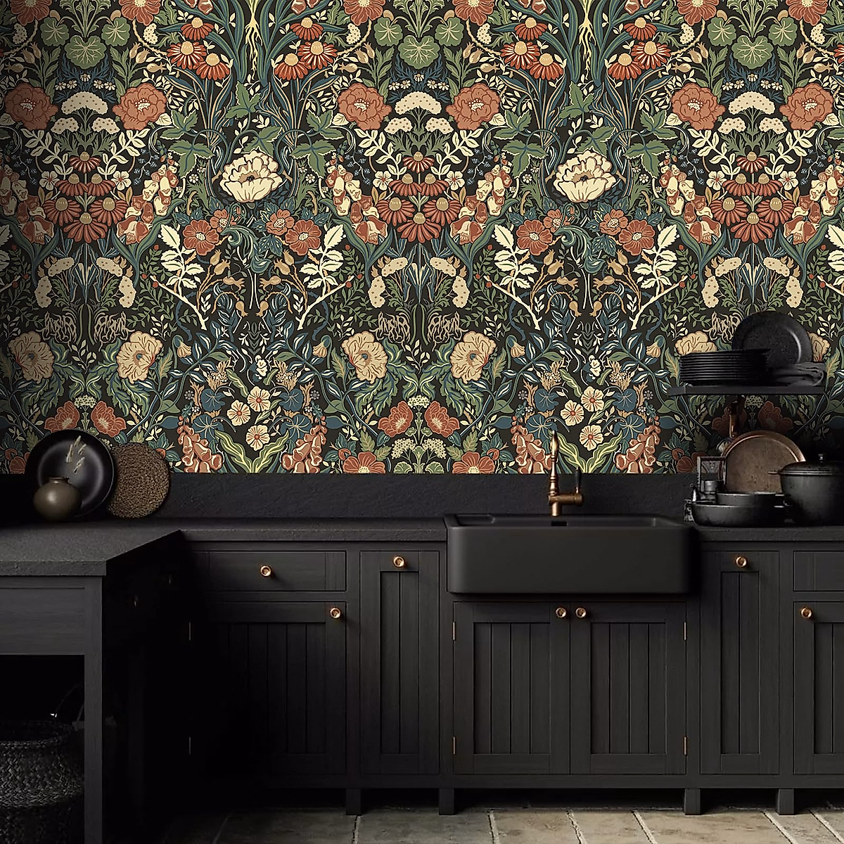 Vintique Vintage Peel and Stick Wallpaper Black and Green Wallpaper Boho Floral Peel and Stick Wallpaper Contact Paper Leaf Removable Wallpaper SelfAdhesive for Cabinets Shelf Liner Vinyl 17.3in*9.8ft