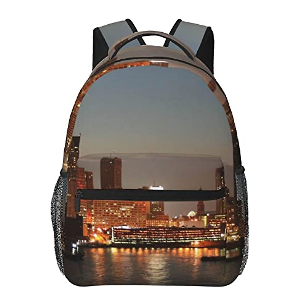 EVANEM Detroit Skyline Printed Laptop Backpack With Side Mesh Pockets Casual Backpack For Man Woman Travel Daypack