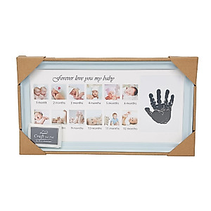 Dporticus Baby Handprint Kit & Footprint Photo Frame for Newborn Girls and Boys, 12 Photo Moments Frame Baby Shower Gifts Set Memorable Keepsake Box Decorations for Room Wall Non Toxic INK (Blue)