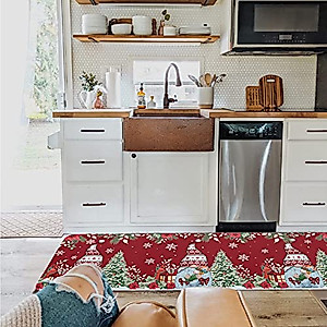 Libaoge Kitchen Mat Rug 1 PCS Christmas Gnome Xmas Tree Flowers Red Background Runner Rug Anti-Fatigue Comfort Memory Foam Standing Mat Non-Slip Floor Door Mat for Bathroom Bedroom 20x63in