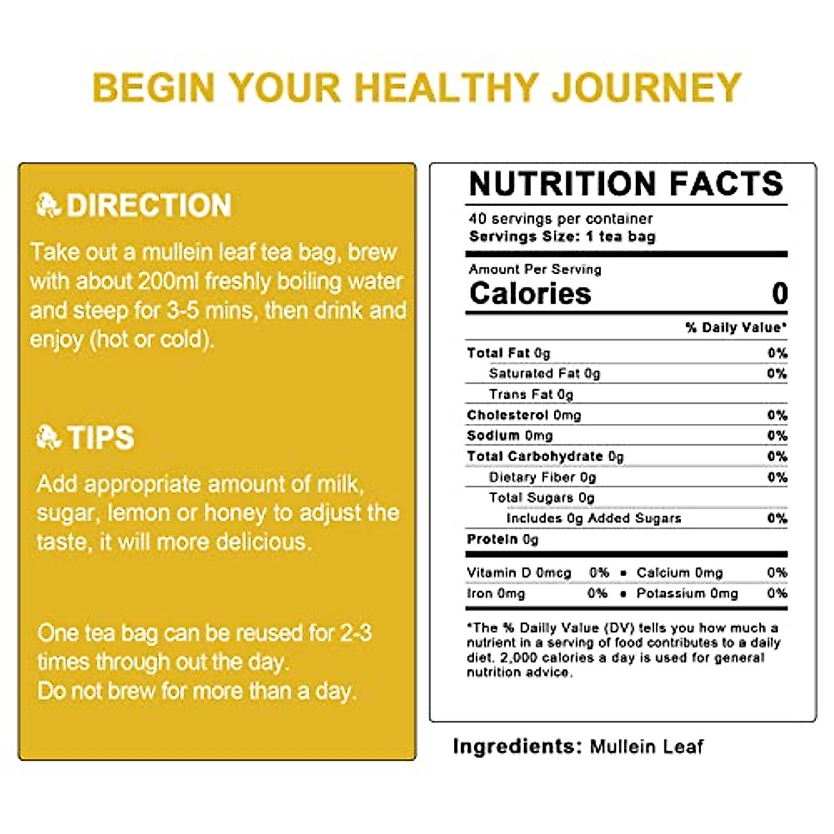 Mullein Leaf Herbal Tea for Respiratory Support, Mullen Tea for Lung Cleanse, Iymphatic Cleanse & Detox and Immune Support - No Caffeine, Non-GMO - 40 Tea Bags