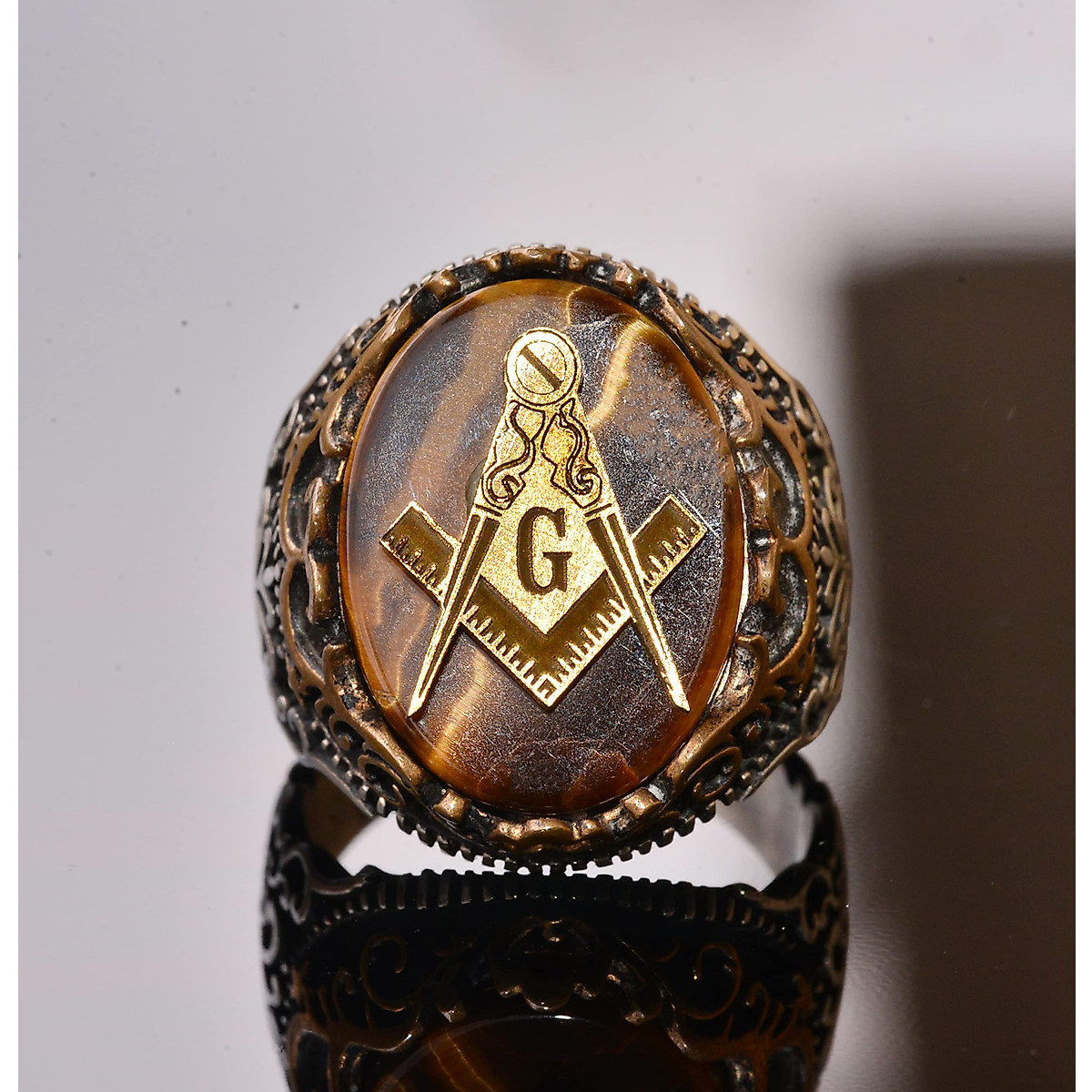 Men's Natural Tiger Eye Masonic Ring, 925 Sterling Silver, Handcrafted with Ornate Design