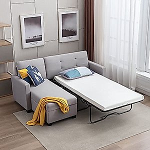 Merax Modern L-Shaped Reversible Couch with Storage Chaise, Sleeper Sofa Bed with Pull Out Mattress for Small Space Light Gray Sectional, Black
