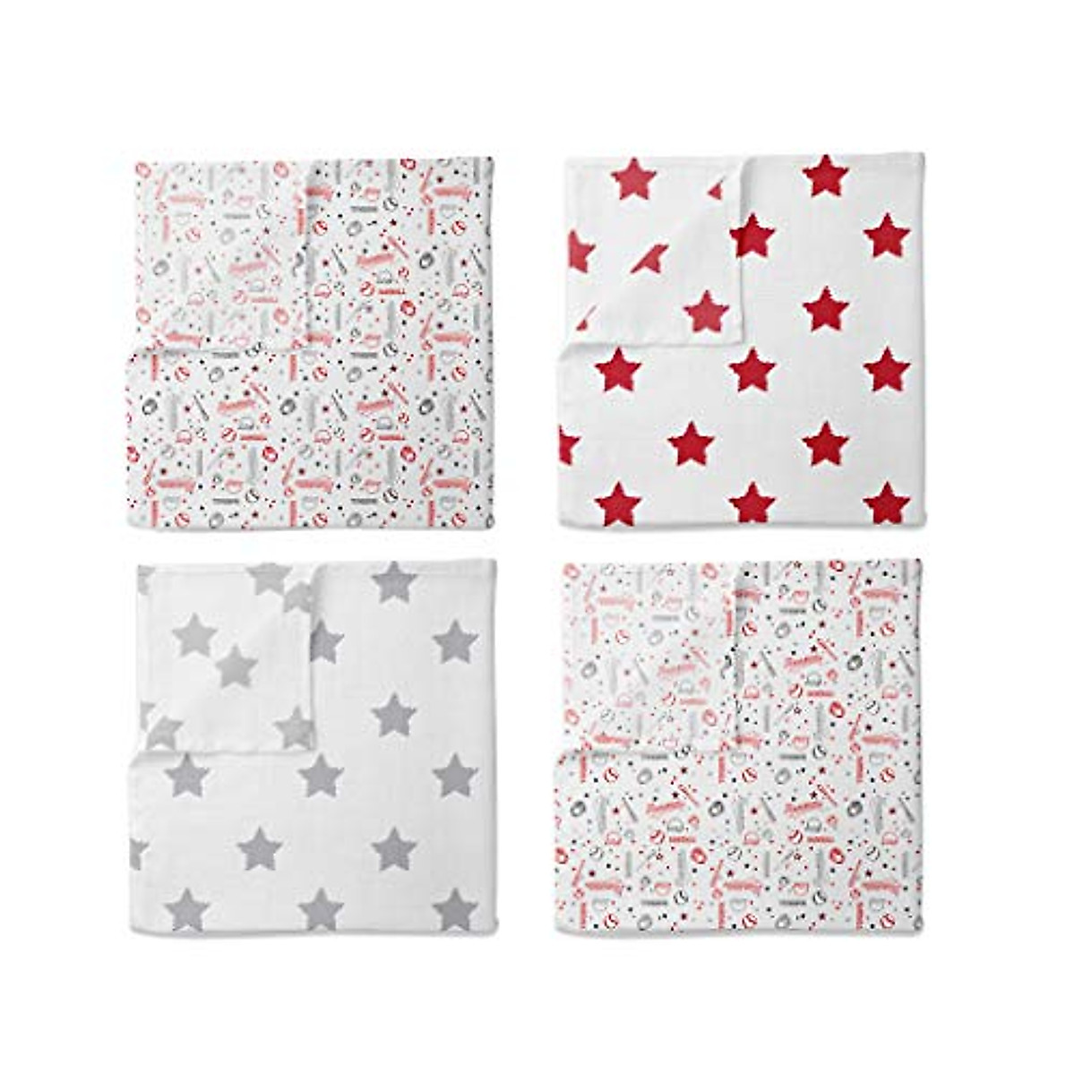Bacati - 4 Pack Sports Baby Swaddle Blankets Boys Swaddle Wrap Soft Breathable Cotton Muslin Swaddle Blankets Receiving Blanket for Boys, Large 45 x 45 inches (Baseball Red/Grey)