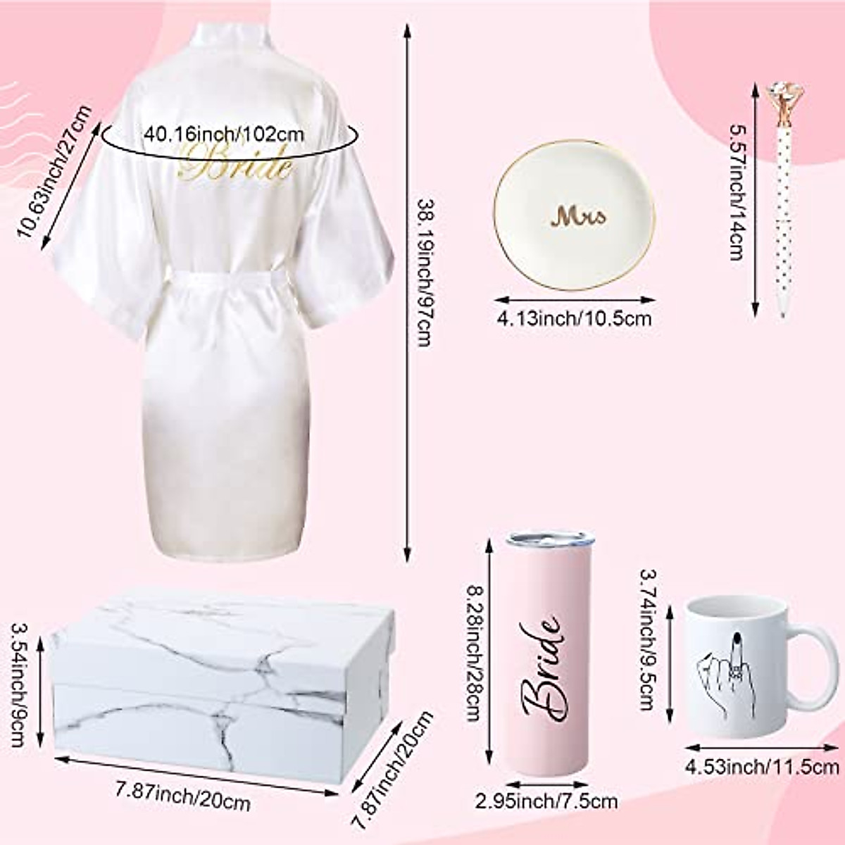 Janmercy 6 Pcs Bride Gifts Set Gift Box Bridal Shower Engagement Party 20 oz Stainless Steel Tumbler Cup Mug Jewelry Tray Silk Robes (L Size, White)