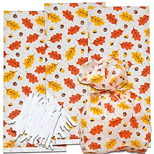 Gift Boutique 100 Thanksgiving Cellophane Bag Plastic Fall Leaves Treat Favor Bags Autumn Harvest Themed Birthday Party Supplies Decorations for Kids Classroom Reward, Carnival Candy Goodies Grab Bag