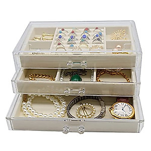 DQUTAR Acrylic Jewelry Organizer with 3 Drawers, Velvet Clear Jewelry Box for Earring Necklace Ring & Bracelet Display Storage Case for Women Girls