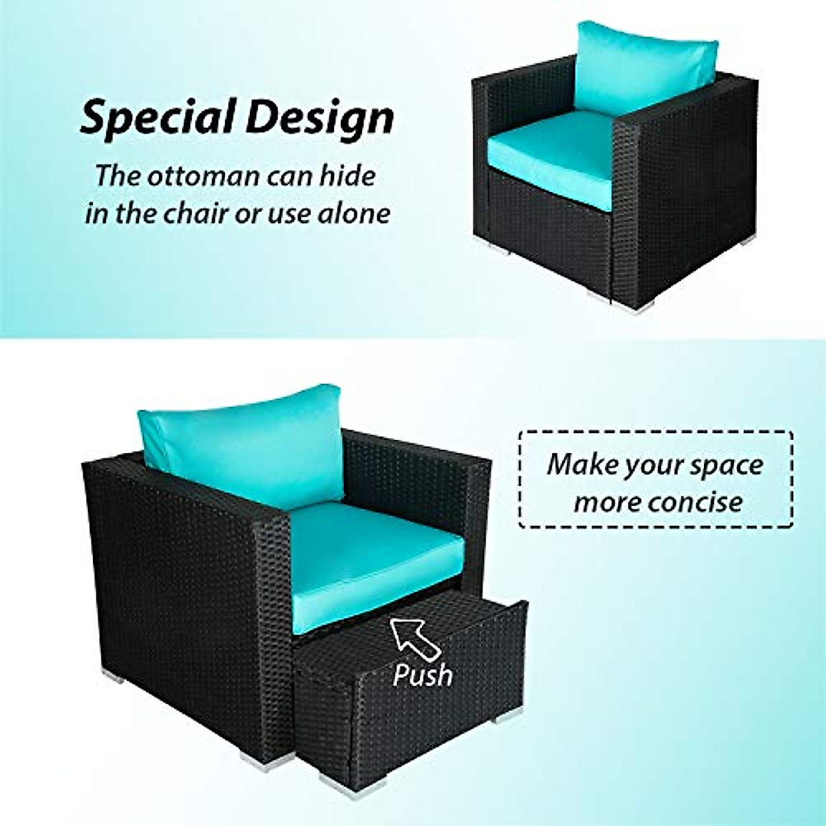 kinbor PE Wicker Lounge Chair with Ottoman, Cushioned Furniture Sofa for Outdoor Balcony Porch Deck Poolside