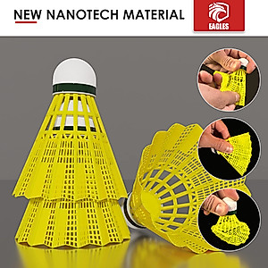 EAGLES Badminton Birdies Nylon Feather Bedminton Shuttlecocks - Plastic Birdie Ball Set for Indoor & Outdoor Baseball Practice ~ Stable & Durable Shuttle Cocks for Kids & Adults (12 Pack Yellow)