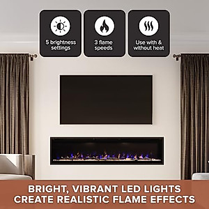 Modern Ember Aerus 60 Inch Smart Linear Electric Fireplace - Recessed in-Wall and Wall-Mount, Multiple Flame Colors, Compatible with Alexa and Google Assistant