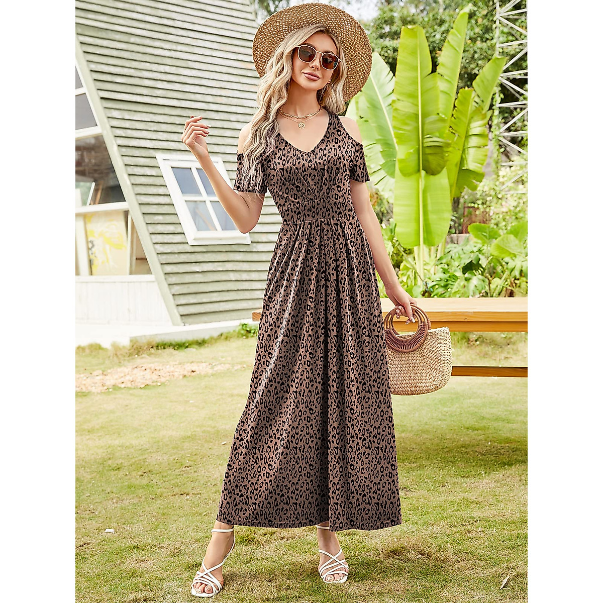 Arolina Cold Shoulder Maxi Dress for Women Summer V Neck Short Sleeve Casual Long Beach Dresses with Pocket