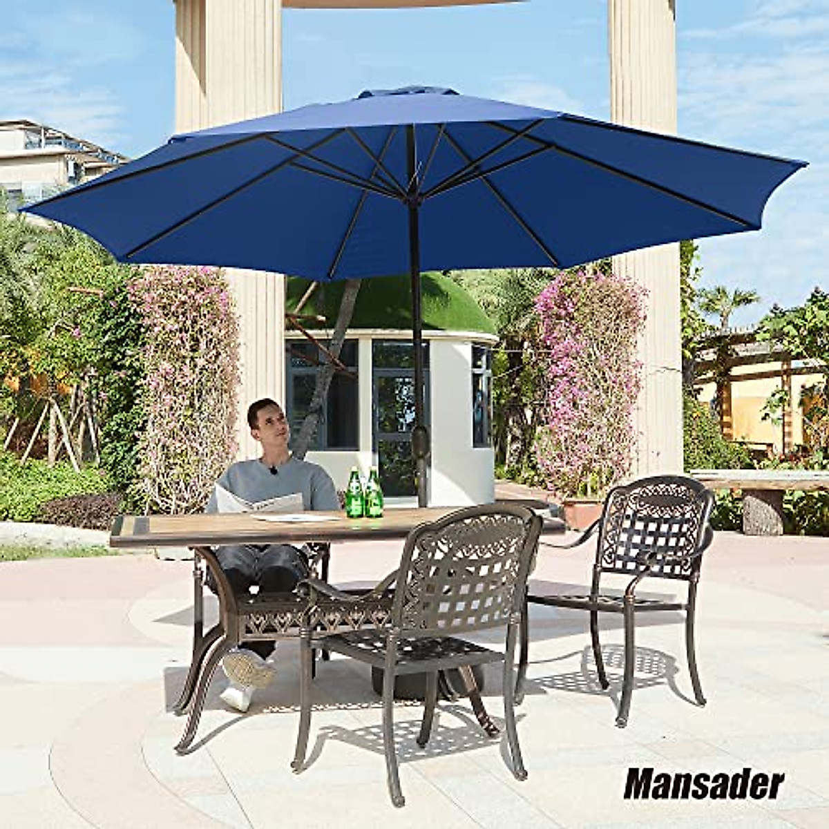 Mansader 11Ft Patio Umbrella Outdoor Table Market Umbrella with 8 Sturdy Ribs (Navy Blue)