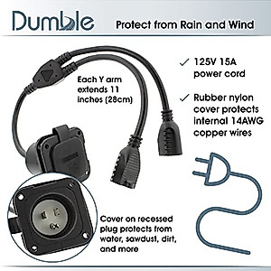 Dumble 3 Prong Y Splitter Cable Power Extension Cord - 15 AMP Flanged Inlet 2 Way Extension Cord Splitter for RV Install