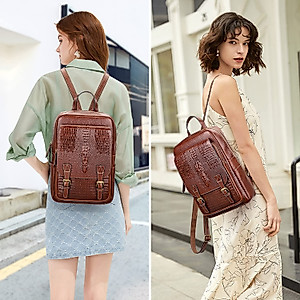 PIJUSHI Crocodile Leather Backpack Purse for Women Men Leather Rucksack with Flap (66511 Brown)