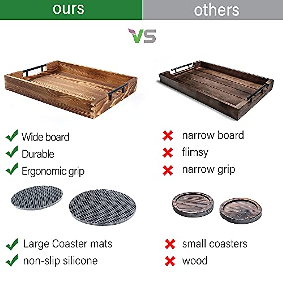 LotFancy Large Ottoman Tray for Living Room, 17x13'' Wood Serving Tray with Handles, Home Décor for Coffee Table, Sofa, 2 Skidproof Coasters Included