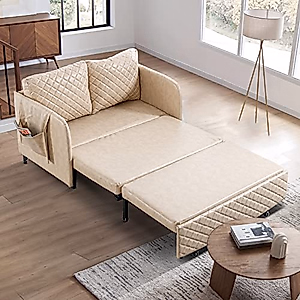 Antetek Sleeper Sofa Bed, 46-inch Faux Leather Loveseat Sleeper Sofa Couch with Pull-Out Bed, Small Love seat Sofa Single Bed with a Detachable Side Pocket for Living Room, Office, Camel