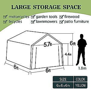 Weather Fast Outdoor Storage Shed Shelter with Roll-up Zipper Door S-Hooks and Sandbags, 6x6 Ft Waterproof and UV Resistant Portable Garage Carport, Motorcycle Bike ATV Tent Shed, Yellow