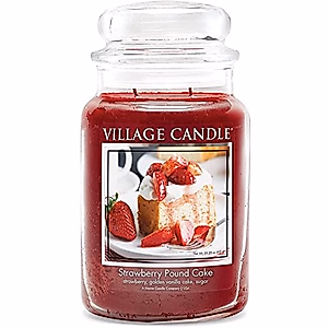 Village Candle Strawberry Pound Cake, Large Glass Apothecary Jar Scented Candle, 21.25 oz, Red