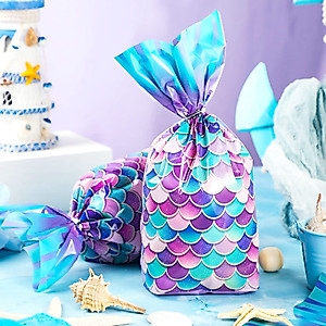 Frienda 100 Pcs Mermaid Party Favors Bags Goodie Candy Wide Bottom Cellophane Treat with Silver Twist Ties for Birthday Girls Supplies (Elegant Style)