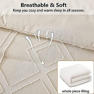 Dobuyly Cream Tufted Comforter Set Queen, 7 Pieces Bed in a Bag Boho Cream Beige Comforter Embroidery Shabby Chic Farmhouse Bedding Set, Soft Breathable Cation Microfiber Comforter Set