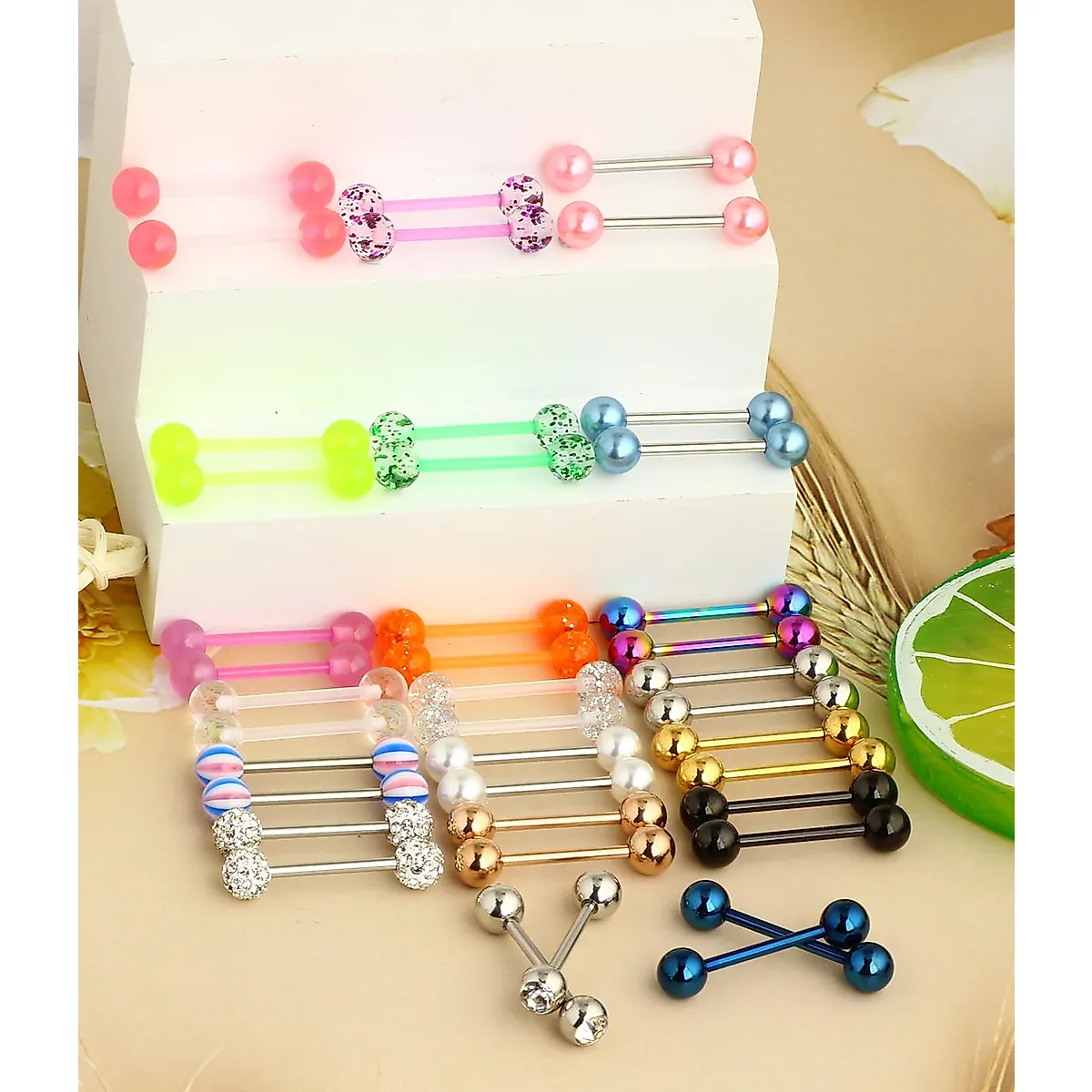 Suotarn 40pcs 14G Tongue rings For Women Stainless Steel Straight Tongue Barbell UV Acrylic Plastic Tongue Piercing Jewelry Nipple Piercings 5/8" Glow in Dark Flexible Retainer Body Jewelry for Men