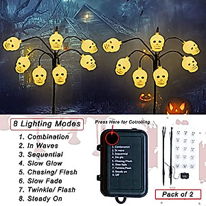 Elnsivo 14 LED Halloween Light Up Skeleton Skull Garden Stake Lights,2 Pack 8 Lighting Modes Outdoor Halloween Pathway Lights Lighted Skull Stake for Yard Lawn Outside Haunted House Party Decor