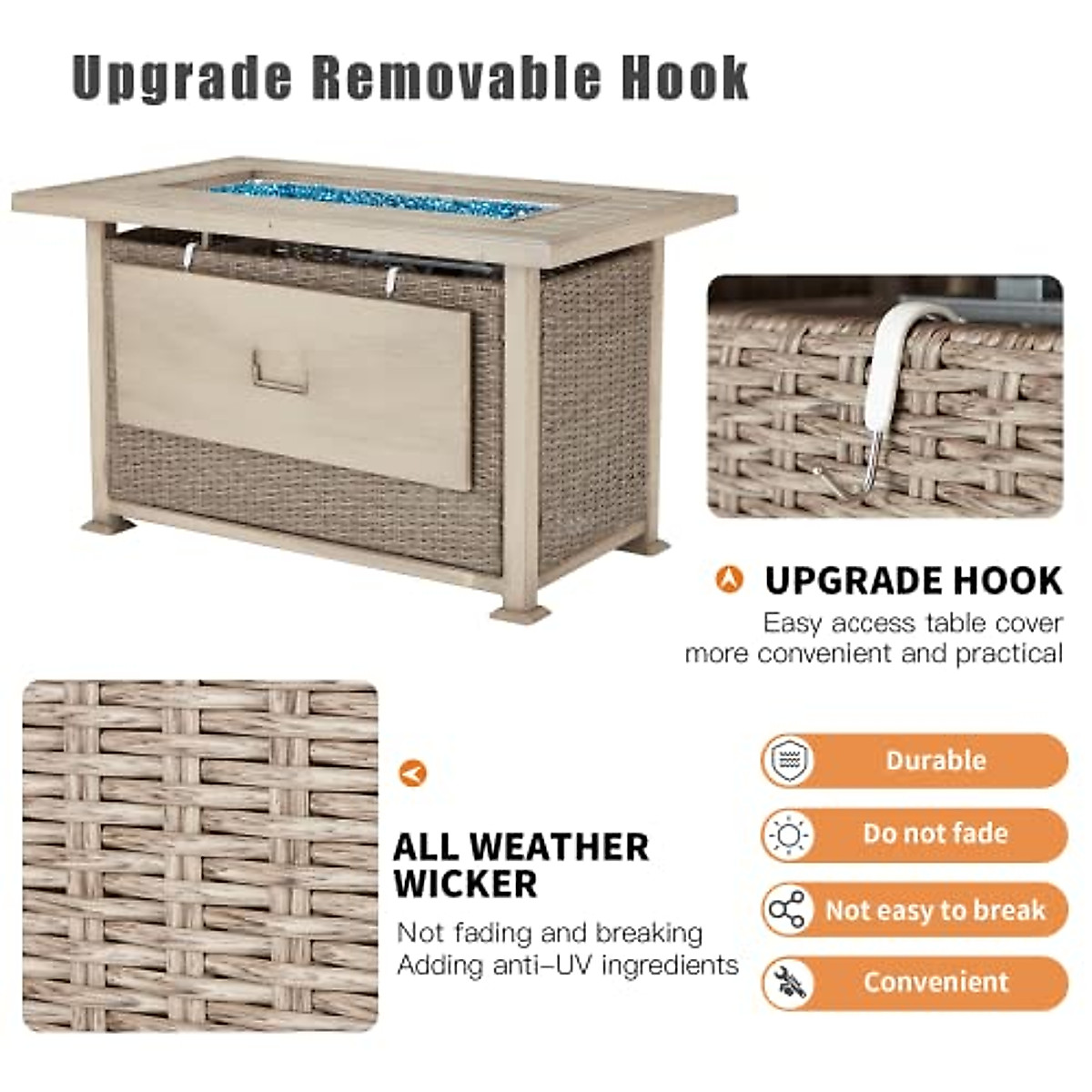 GYUTEI 50,000 BTU Auto-Ignition Gas Fire Table, 44in Propane Fire Pit Table with CSA Certification, 2 Hidden Side Hooks, 1 Glass Wind Guard, Aluminum Hand-Painted Table Top for Outside Patio (Gray)