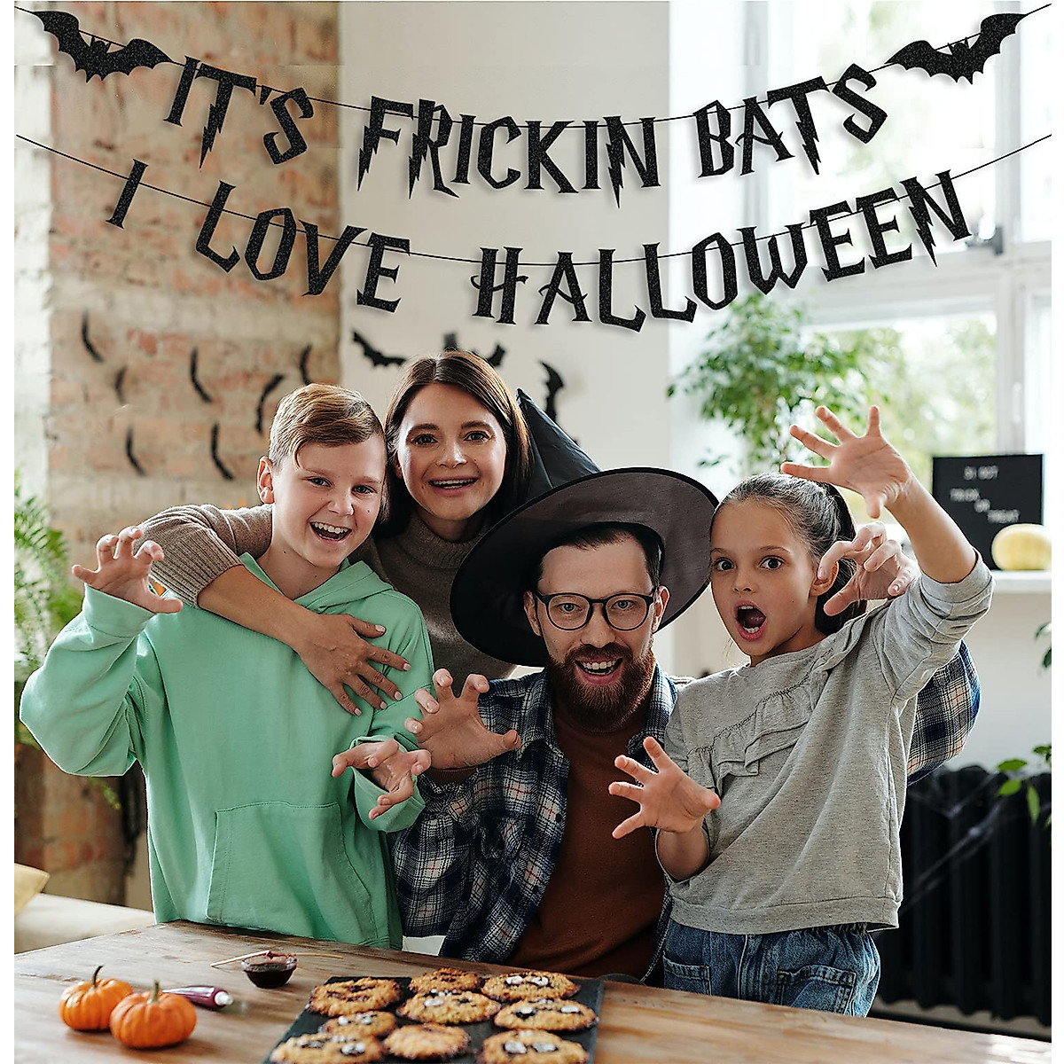 CAVLA Glitter It's Frickin Bats I Love Halloween Banner Black Glittery Halloween Garland Banner with Bat Signs Happy Halloween Party Decorations for Haunted Houses Home Wall Fireplace Party Supplies