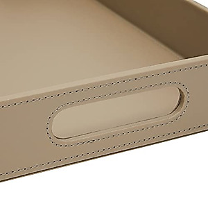 2-Pack Wooden Nesting Serving Tray Set with Stitched Faux Leather Skin and 2 Handles, Slip-Resistant Breakfast Service Tray in 2 Sizes (13.8x9.9x2.3 and 15.8x12x2.5 in, Taupe)