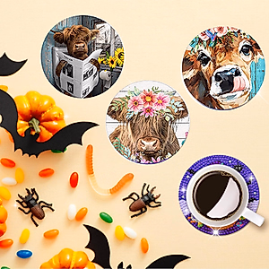 6 Pcs Diamond Art Paintings Coasters Kits with Holder, DIY Highland Cow Coaster Diamond Art Kits for Adults Beginners and Kids.