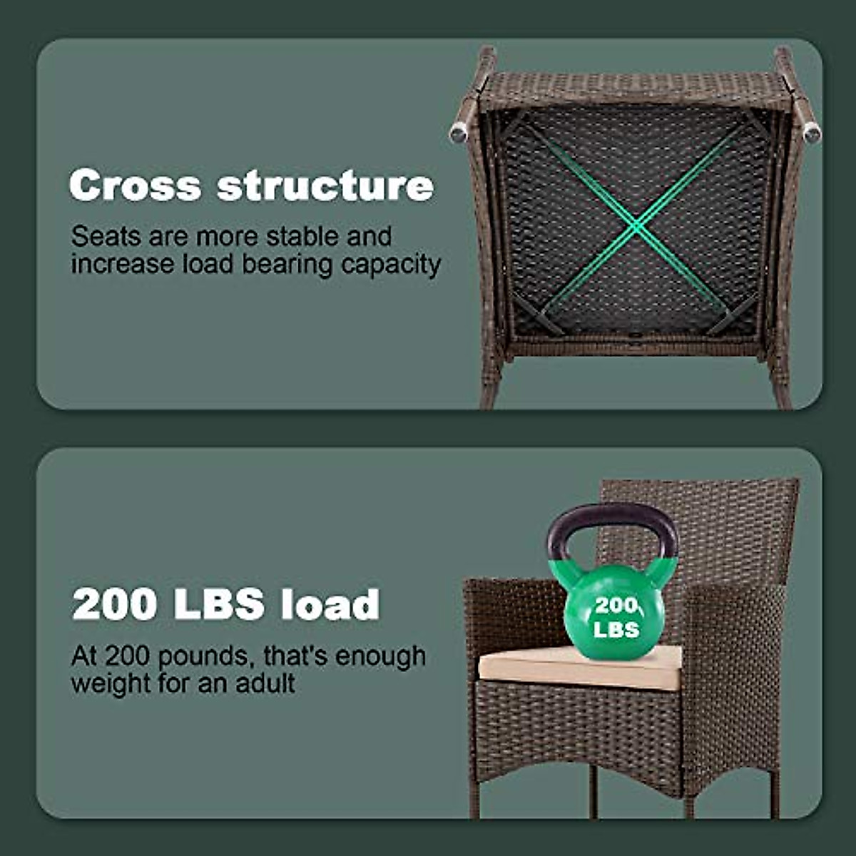 3 Pieces Patio Furniture Set Outdoor Wicker Bistro Set Rattan Chair w/ Thickened Cushions & Table Conversation Sets Patio Sofa Wicker Table Set for Yard Backyard Lawn Porch Poolside Balcony, Khaki