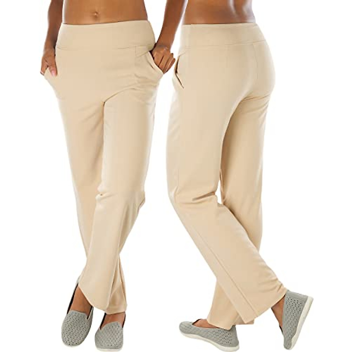 ToBeInStyle Women's High Waist Boot-Cut Two Pockets Thicker Waistband Dress Pants - Khaki - L