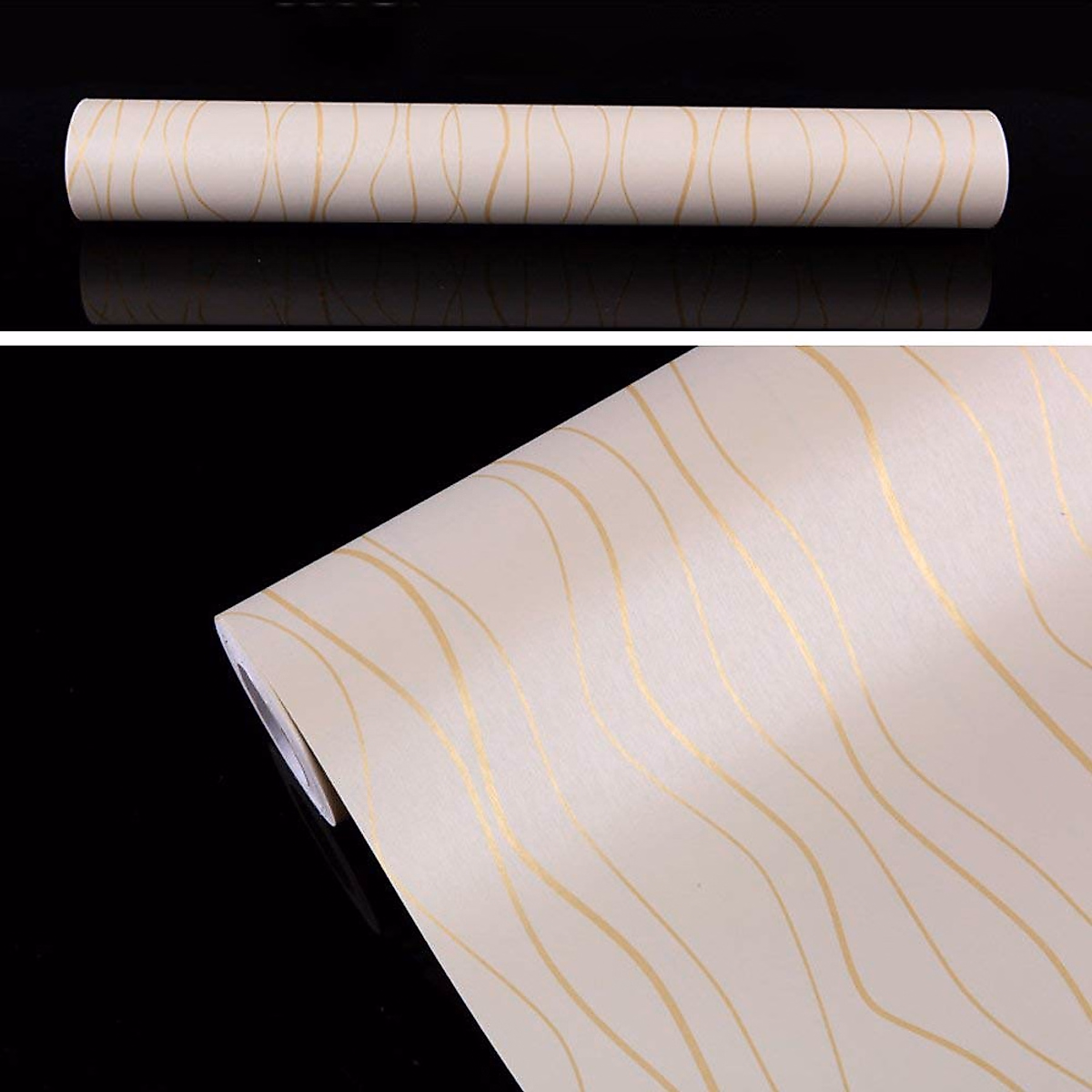 ZAMNEA 17.8 x 118 Inches Self-Adhesive Liner Paper, Removable Shelf Liner Wall Stickers Dresser Drawer Peel Stick Kitchen Home Decor, Gold Wave Stripe