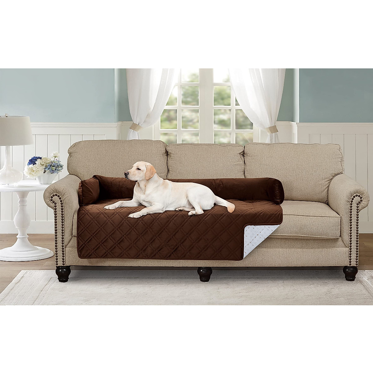 Brilliant Sunshine Premium Chocolate Silky Velvet Pet Sofa Bed, Slip Resistant, Waterproof, Washable Couch Protector with Removable Bolster Cushions, Furniture Covers for Dogs, X-Large, Chocolate