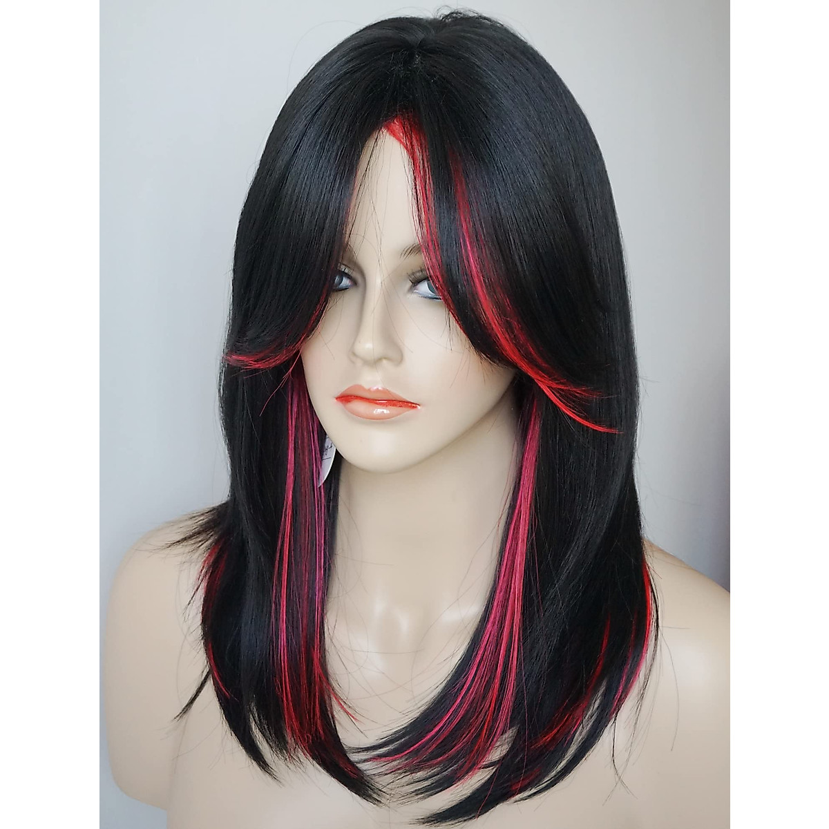 Medium Length Layered Wigs Black with Red Highlights wigs Layered wig with bangs Synthetic wig Highlight for white Women (Black with red)
