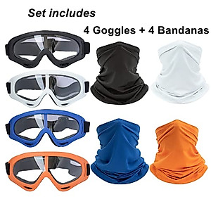 LJDJ Motorcycle Goggles,4 Pack Dirt Bike ATV Motocross Anti-UV Adjustable Riding Offroad Protective with 4 Pack Neck Breathable Bandana Mask for Men Women Kids Youth Adult