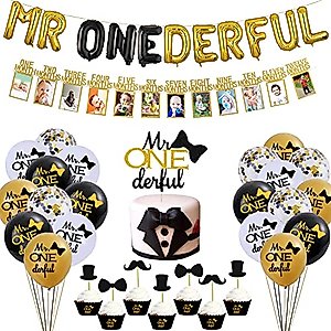 Mr Onederful 1st Birthday Decorations Kit - Wonderful Cake Cupcake Topper, Onederful Balloons, First Birthday Photo Banner for Little Man/Bow Tie 1st Birthday Boy Baby Shower Party Supplies Decor
