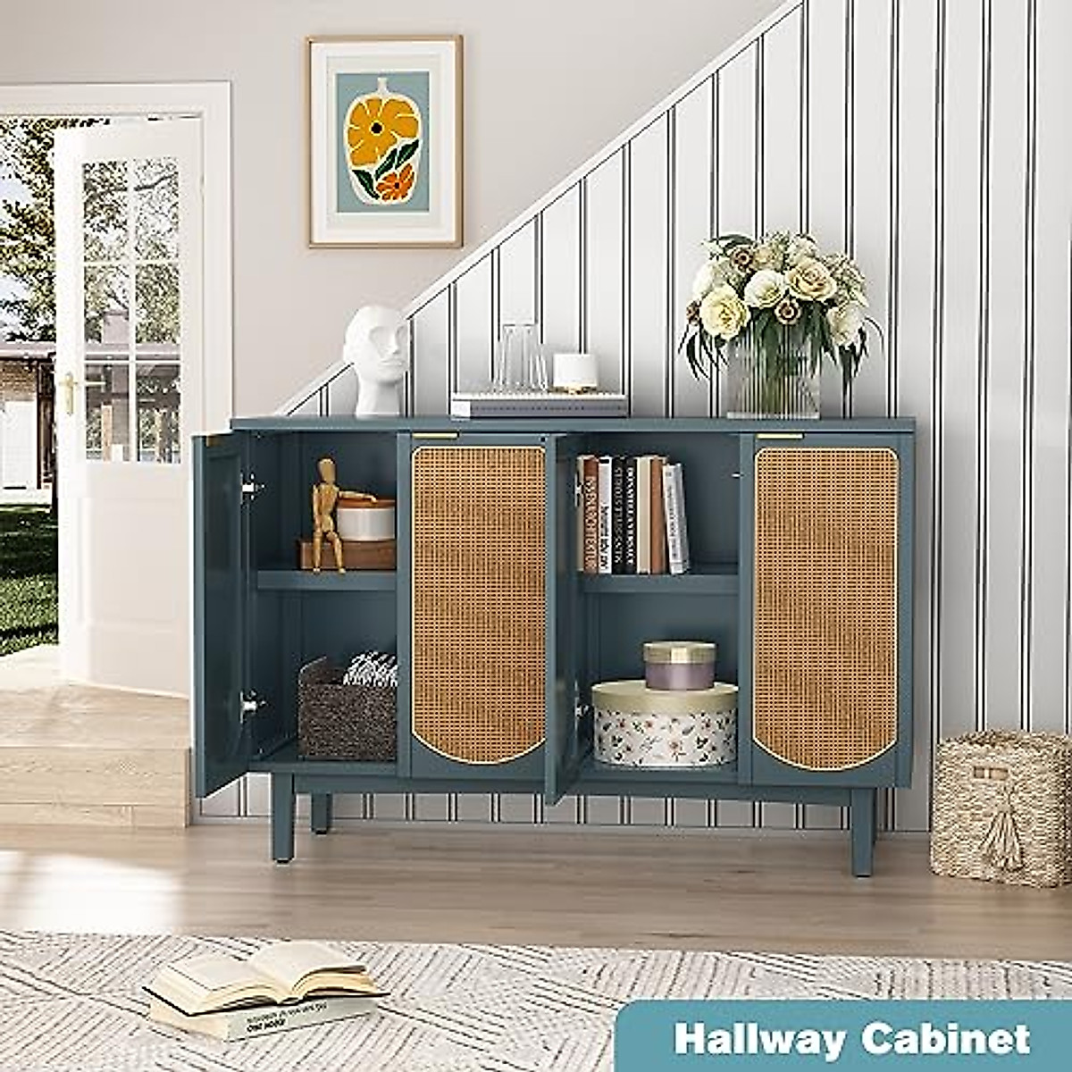 ARTPOWER Sideboard Buffet Cabinet with 4 Rattan Doors, Accent Storage Cabinet with Shelves, Free Standing TV Console Table, Modern Teal Credenza for Kitchen, Dining Room, Living Room, Hallway