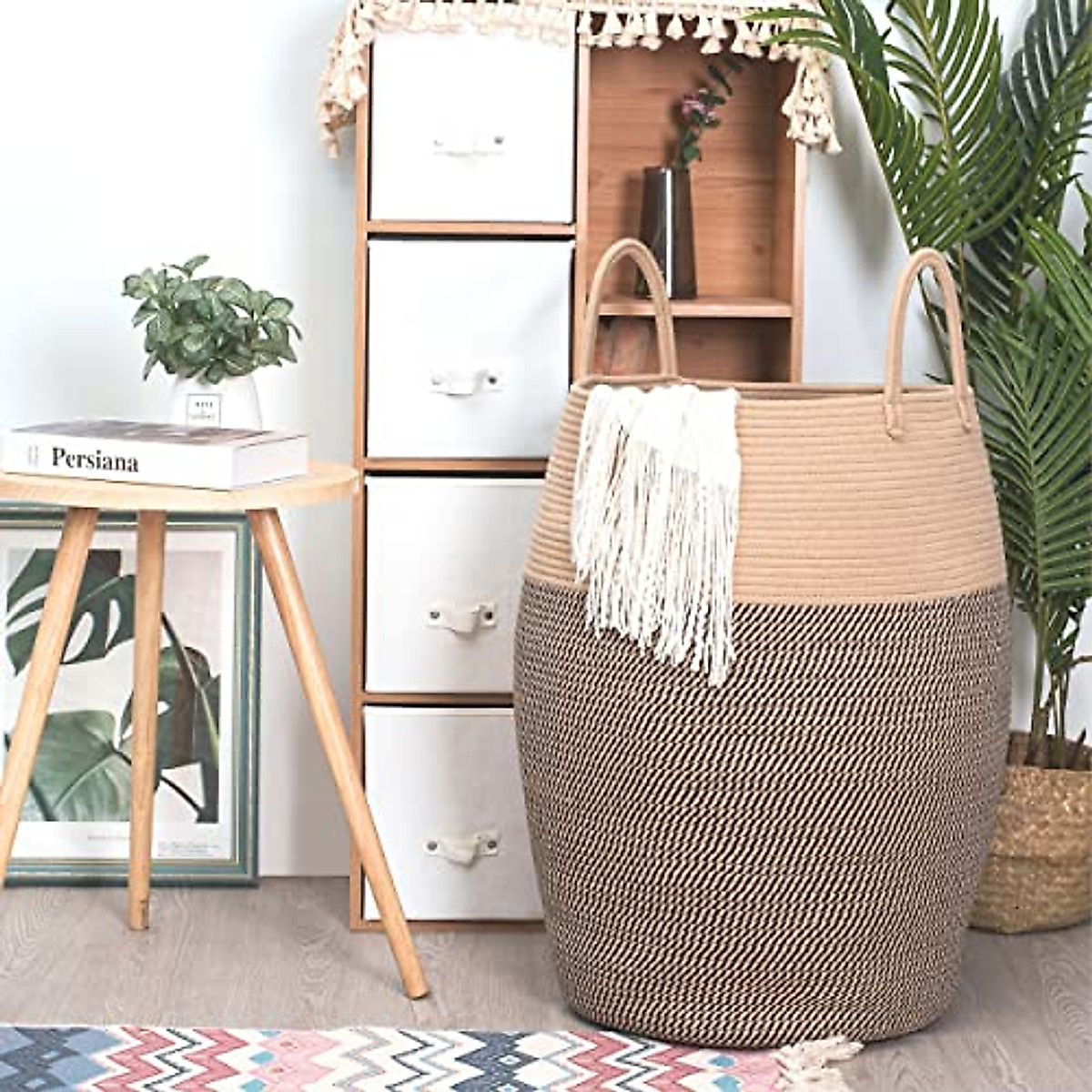MINTWOOD Design Extra Large 25.6 Inches High Decorative Woven Cotton Rope Basket, Tall Laundry Hamper with Handles, Blanket Basket Living Room, Storage Baskets for Toys, Throws, Pillow, Black Jute Mix