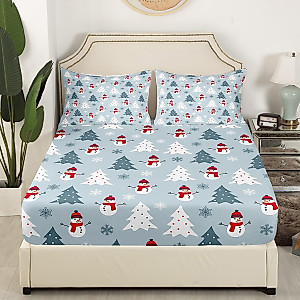 Erosebridal Snowman Bed Sheets Set for Girls Boys Kids Merry Christmas Sheet Set Full Size Christmas Themed Fitted Sheet Happy New Year Xmas Flat Sheet Winter Themed Sheets 4 Piece
