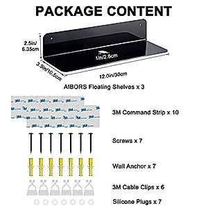 AIBORS Floating Shelves Acrylic Wall Mounted Hanging Shelf Set of 3-12 Inch Wall Display Shelf for Bedroom, Bathroom, Kitchen, Living Room, Office with Cable Clips